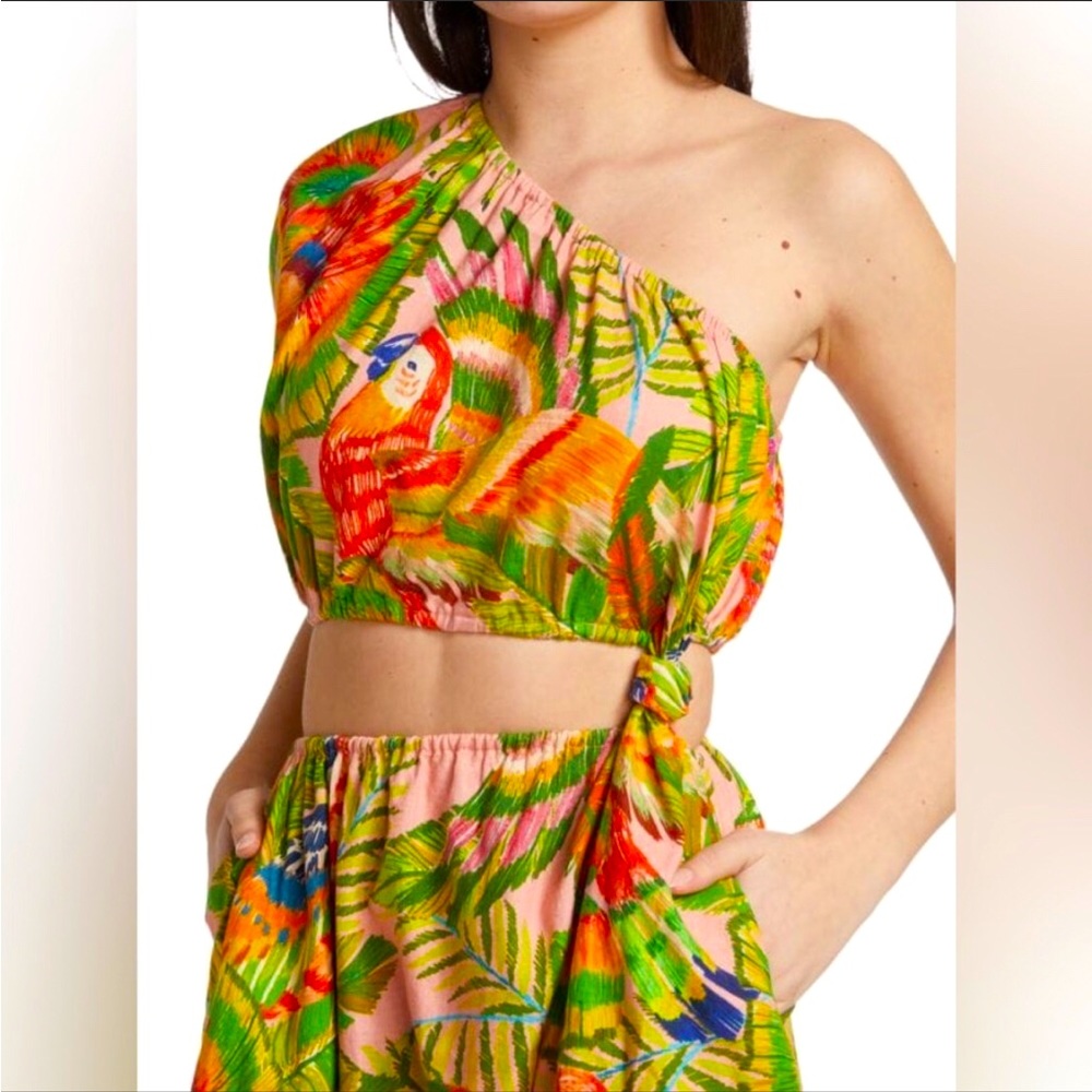 Farm Rio Linen Macaw Leaves One-Shoulder Cutout Crop … - Gem